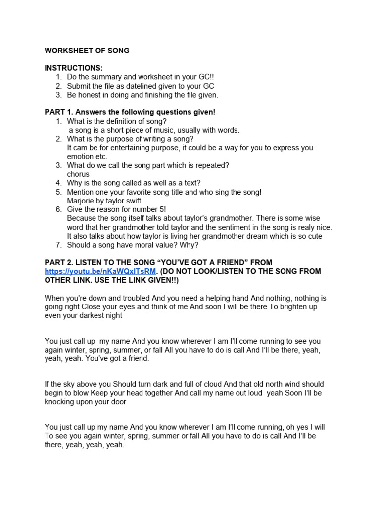 Worksheet of Song | PDF