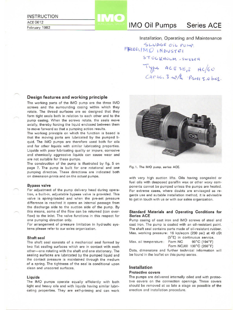IMO ACE Oil Pumps Operation & Maintenance Manual | PDF