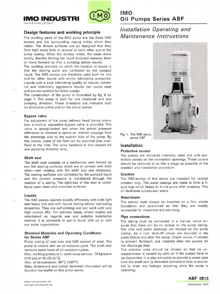 IMO ABF Oil Pumps Operation & Maintenance Manual | PDF