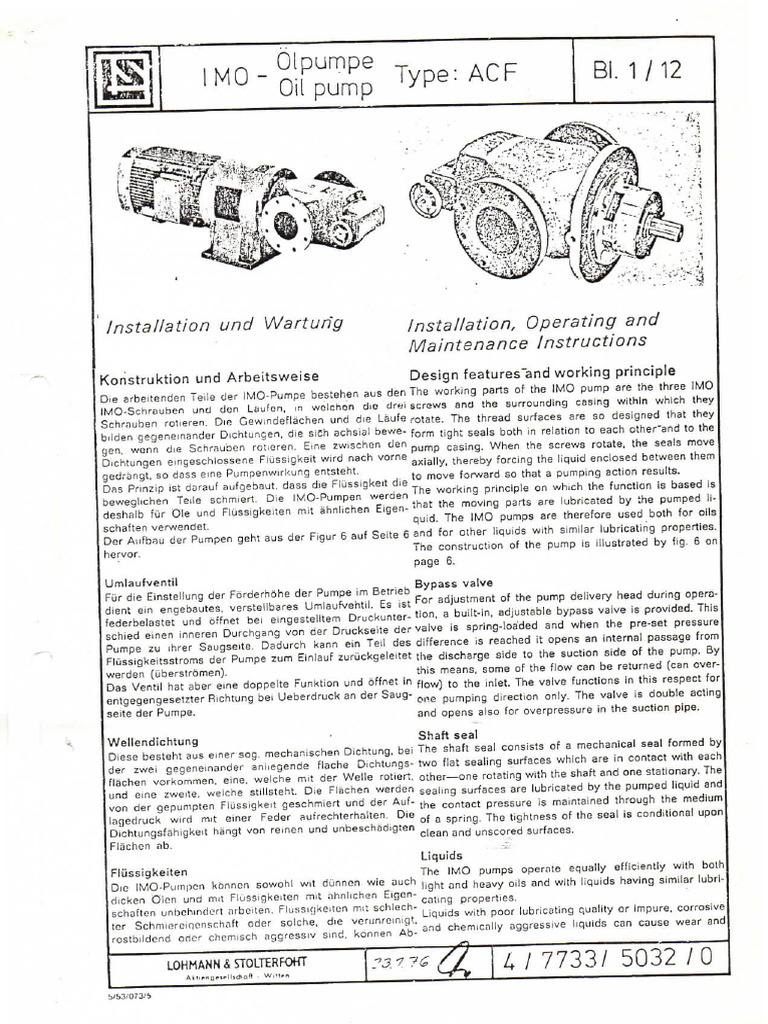 IMO ACF Oil Pump Operation & Maintenance Manual | PDF