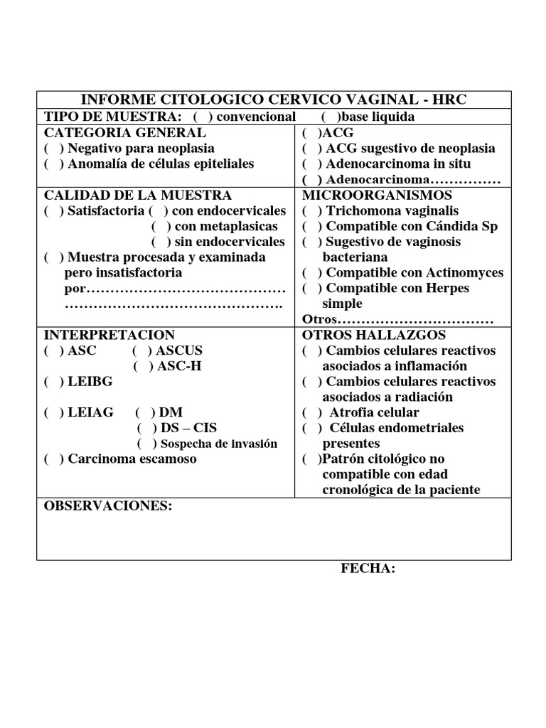 Formato Informe Citologico Cervicovaginal | PDF