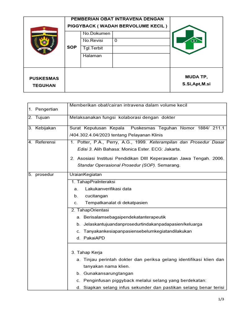 SOP Pemberian Obat IV Piggyback | PDF | Pengembangan Diri | Kesehatan Holistik