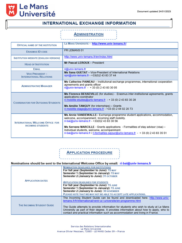 International Exchange Information - Le Mans Université (Updated 24 01 2023) | PDF | Cost Of ...