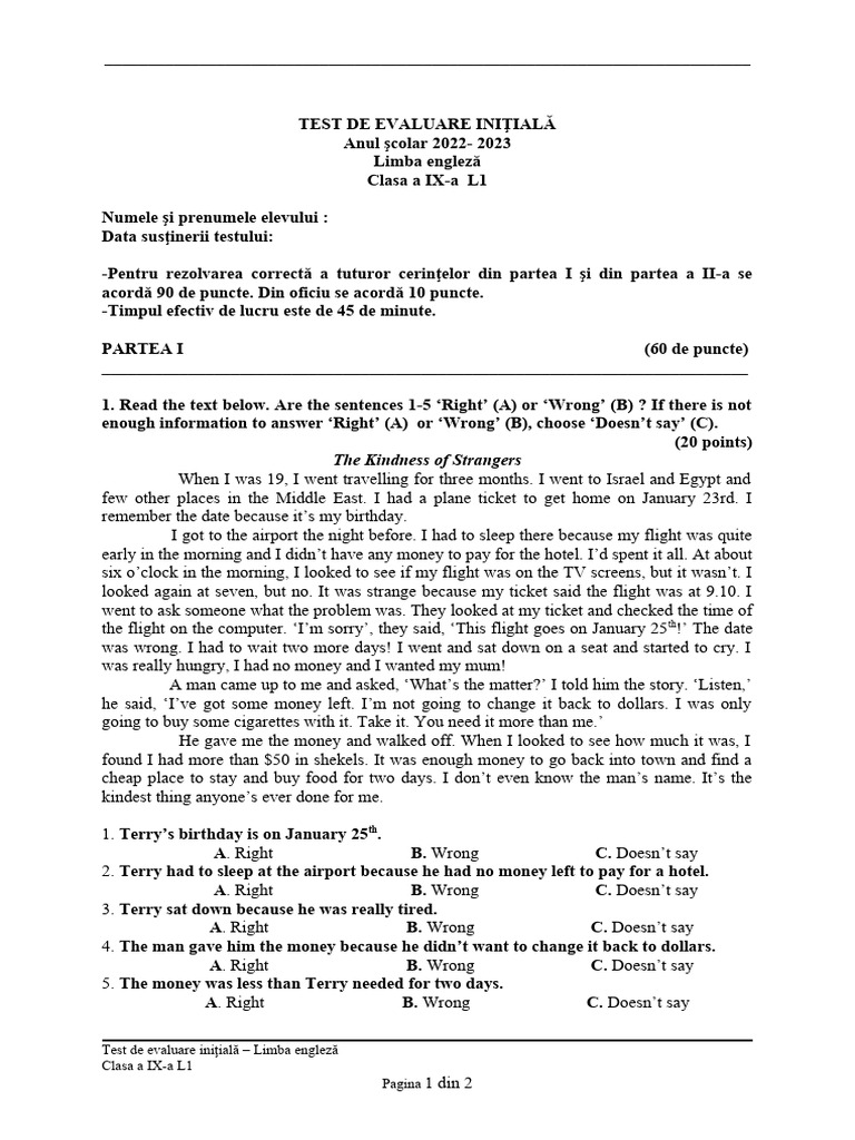 Test Initial Clasa aIX-a L1 Engleza | PDF