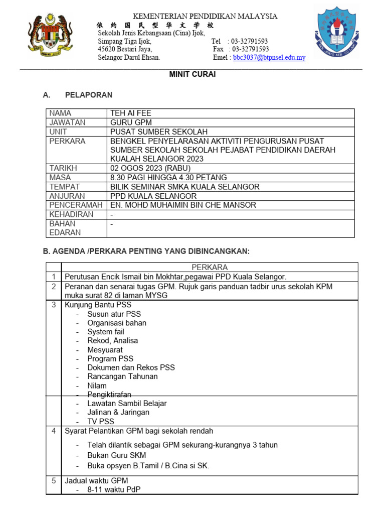 Minit Curai PENGURUSAN Pss | PDF