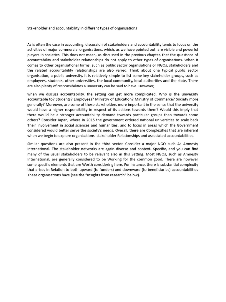 Stakeholder and Accountability in Different Types of Organisations | PDF