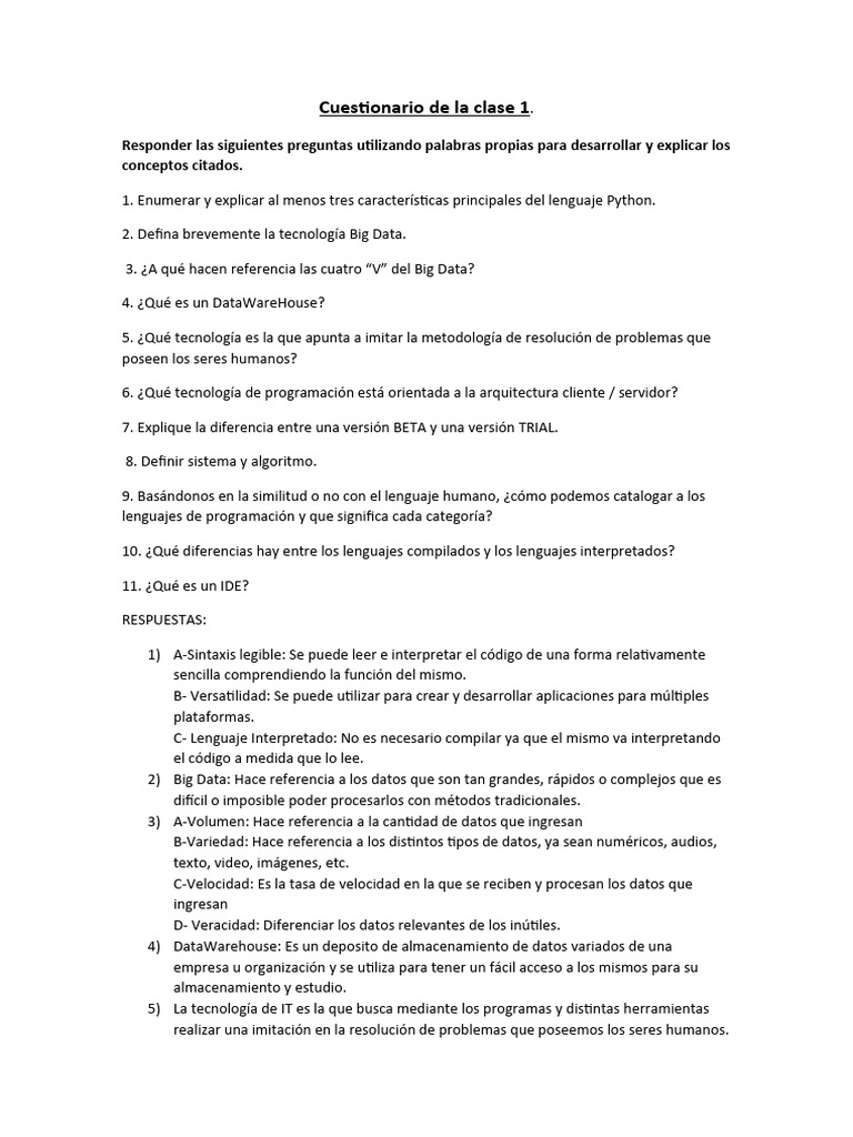 Cuestionario Clase 1 Python | PDF | Lenguaje de programación | Programa ...