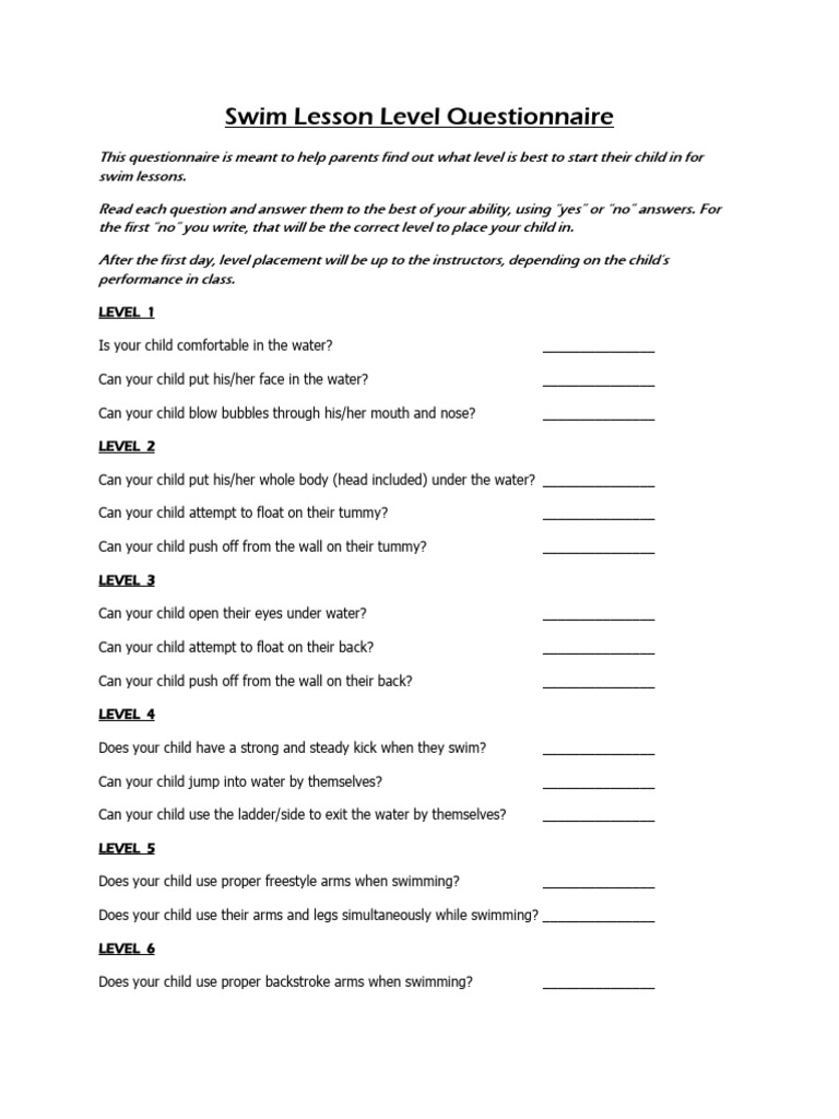Swim Lesson Level Questionnaire 2015 | PDF | Individual Sports ...