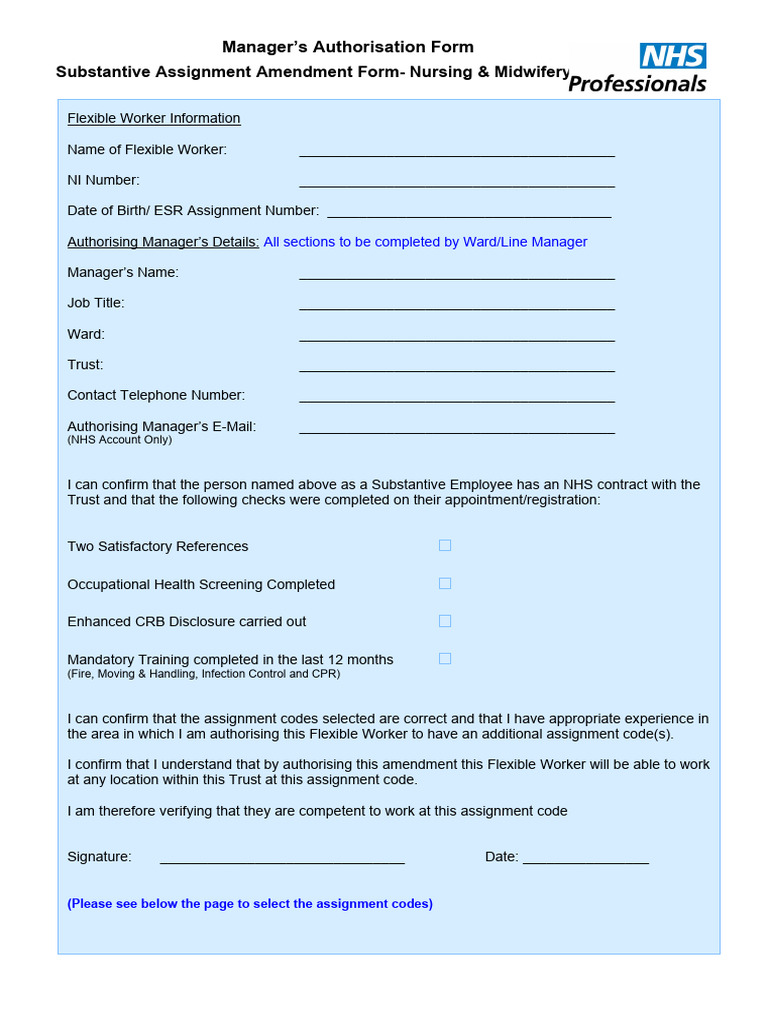 NHS Manager's Authorisation Form | PDF | Nursing | Health Care