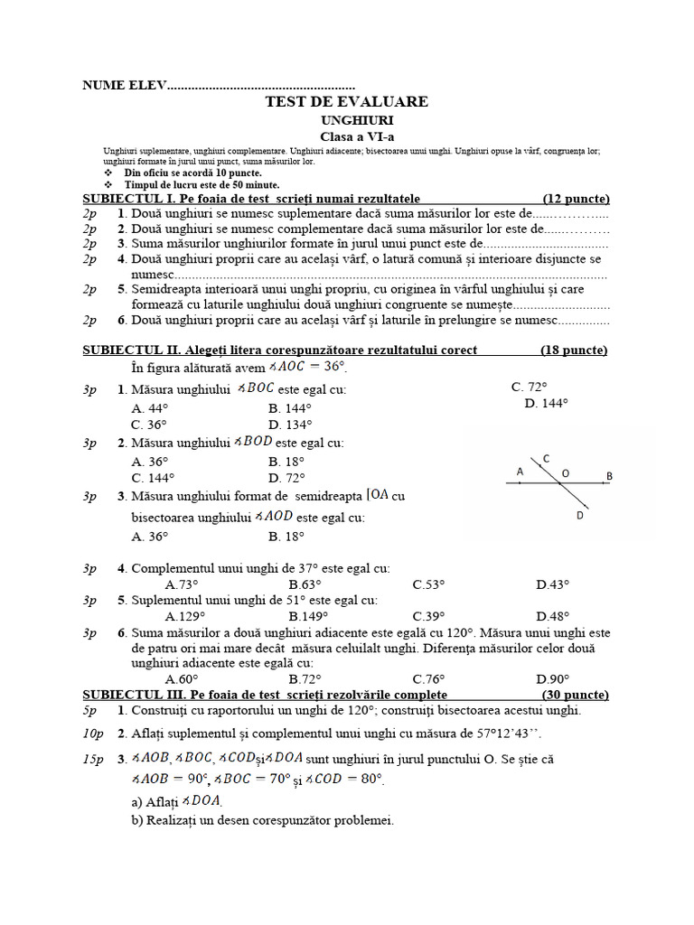 Test - Unghiuri - Cu - Barem Clasa - A - 6a | PDF