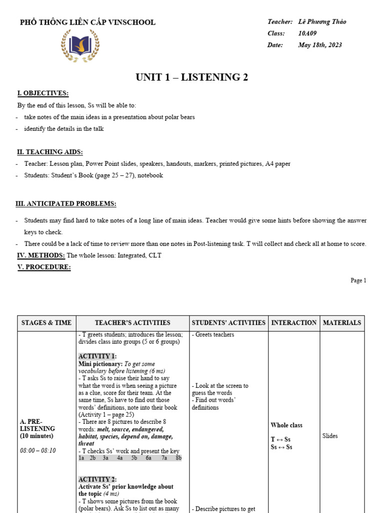 Lesson Plan - VS - 10A09 - U1L2 | PDF | Human Communication | Cognitive Science