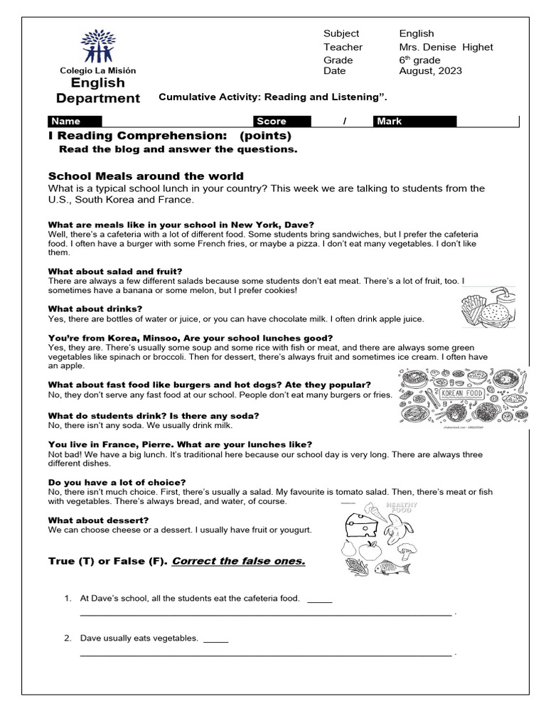 Cumulative Activity 6th Grade Reading and Listening | PDF | Lunch | Cuisine