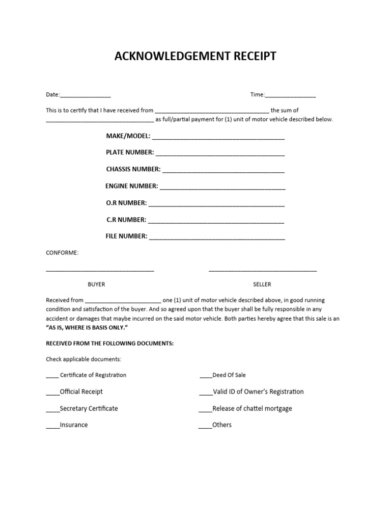Car Acknowledgement Receipt | PDF | Finance & Money Management