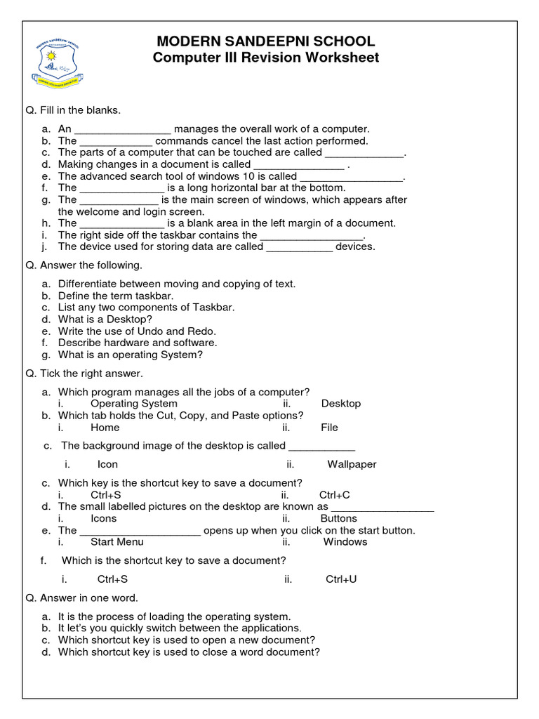 Computer 3 Revision Worksheet | PDF | Information Technology | Computing