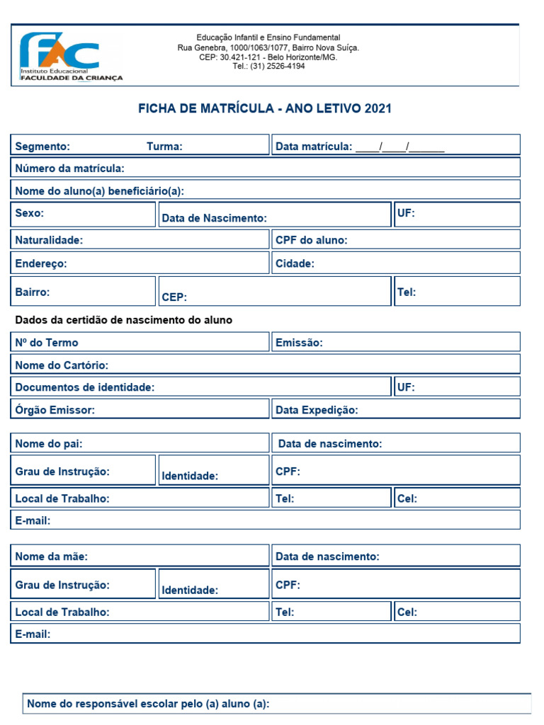 Ficha Matricula Completa 2021 | PDF