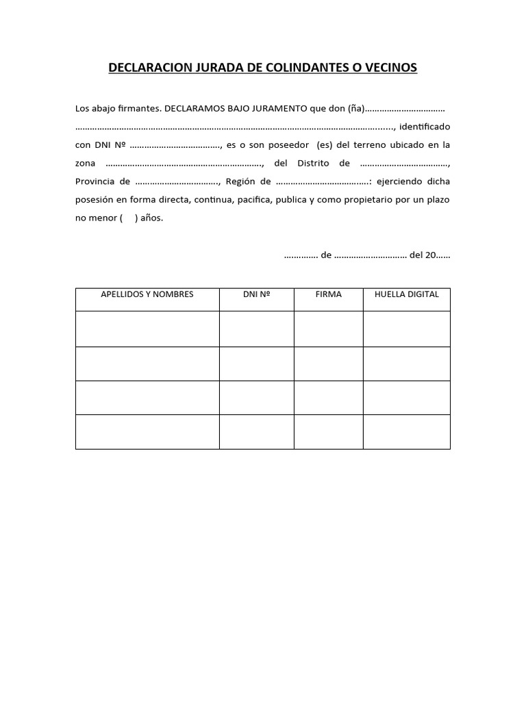 Declaracion Jurada de Colindantes o Vecinos | PDF Declaracion Jurada de Colindantes o Vecinos | PDF