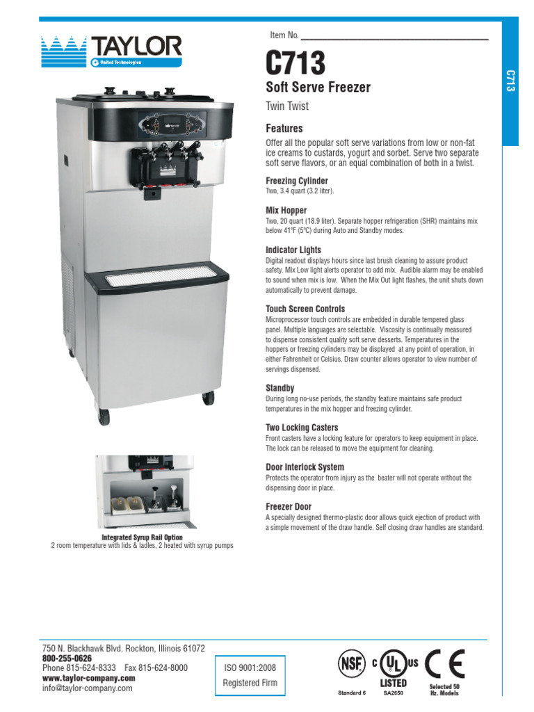 Taylor C713 Soft Serve Freezer Specs | PDF | Refrigerator ...