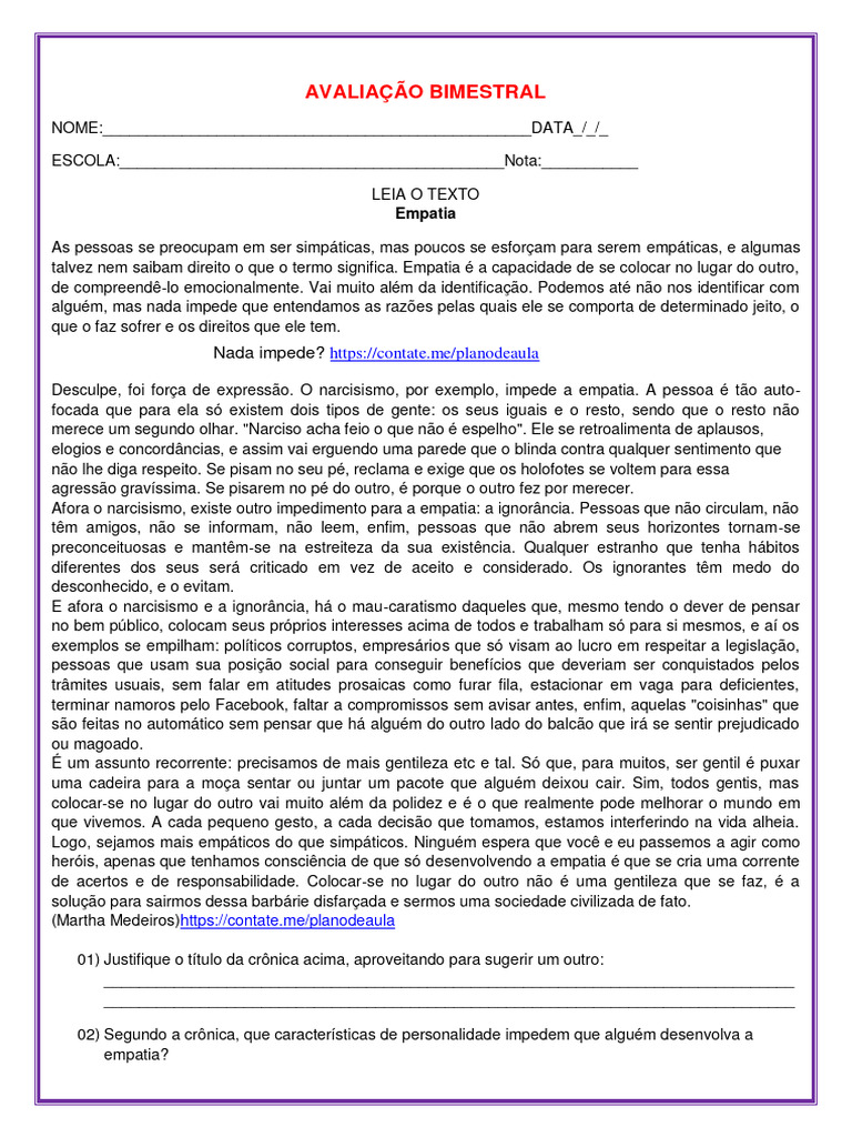 Avaliação Projeto De Vida 2023 Correto 2023 Pdf Empatia