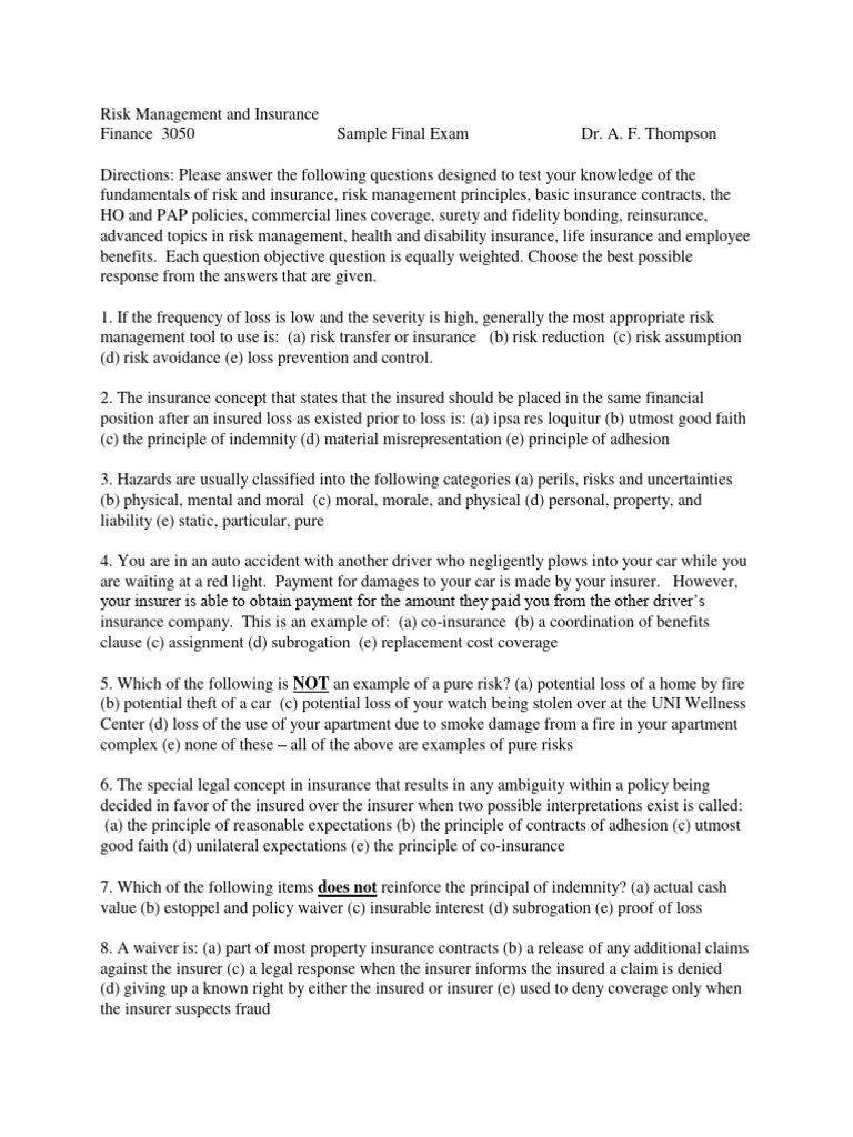 Sample Final Exam For Risk Management and Insurance | PDF | Insurance | Life Insurance