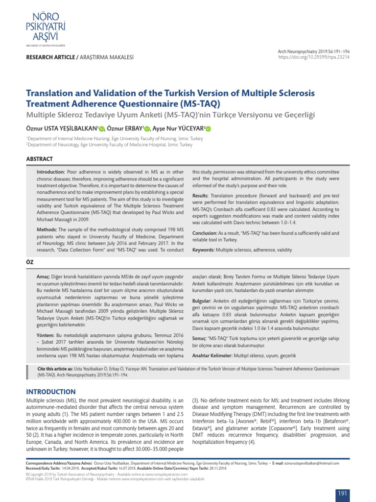 Translation and Validation of The Turkish Version of Multiple Sclerosis Treatment Adherence ...