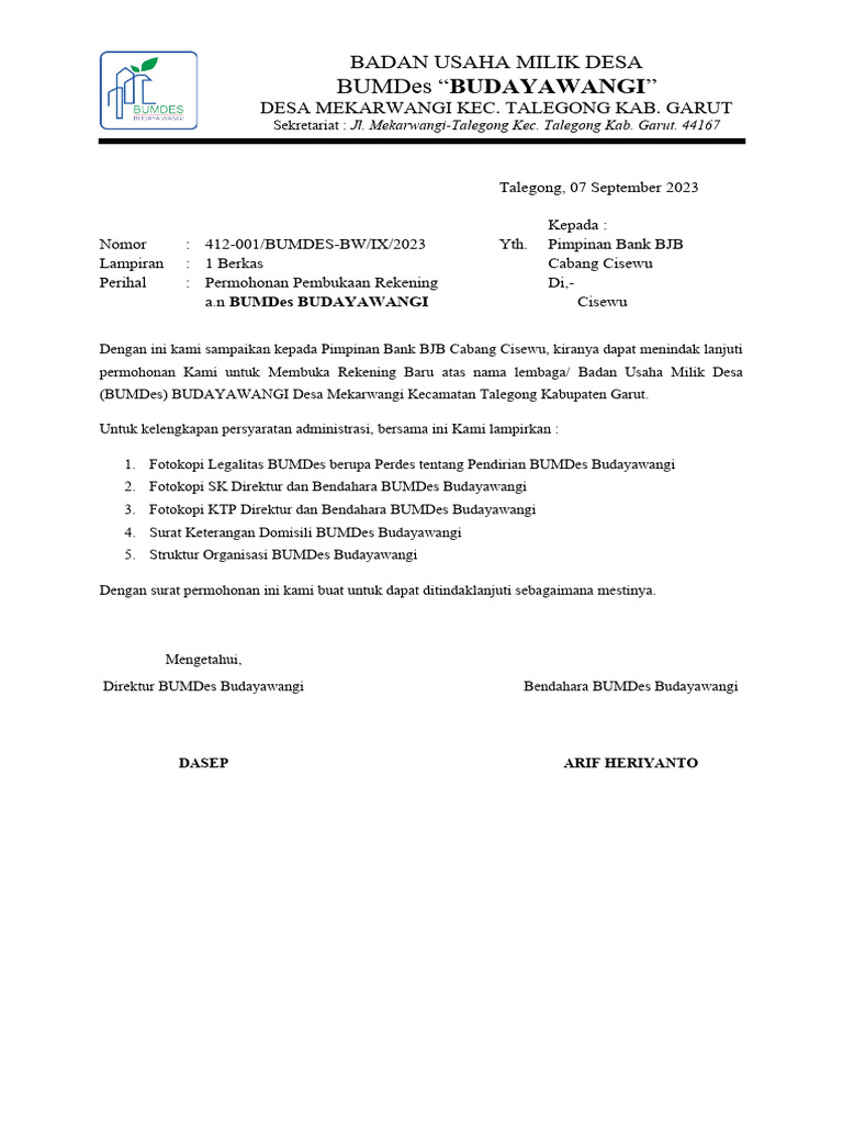 Surat Permohonan Buka Rekening Untuk Bumdes | PDF