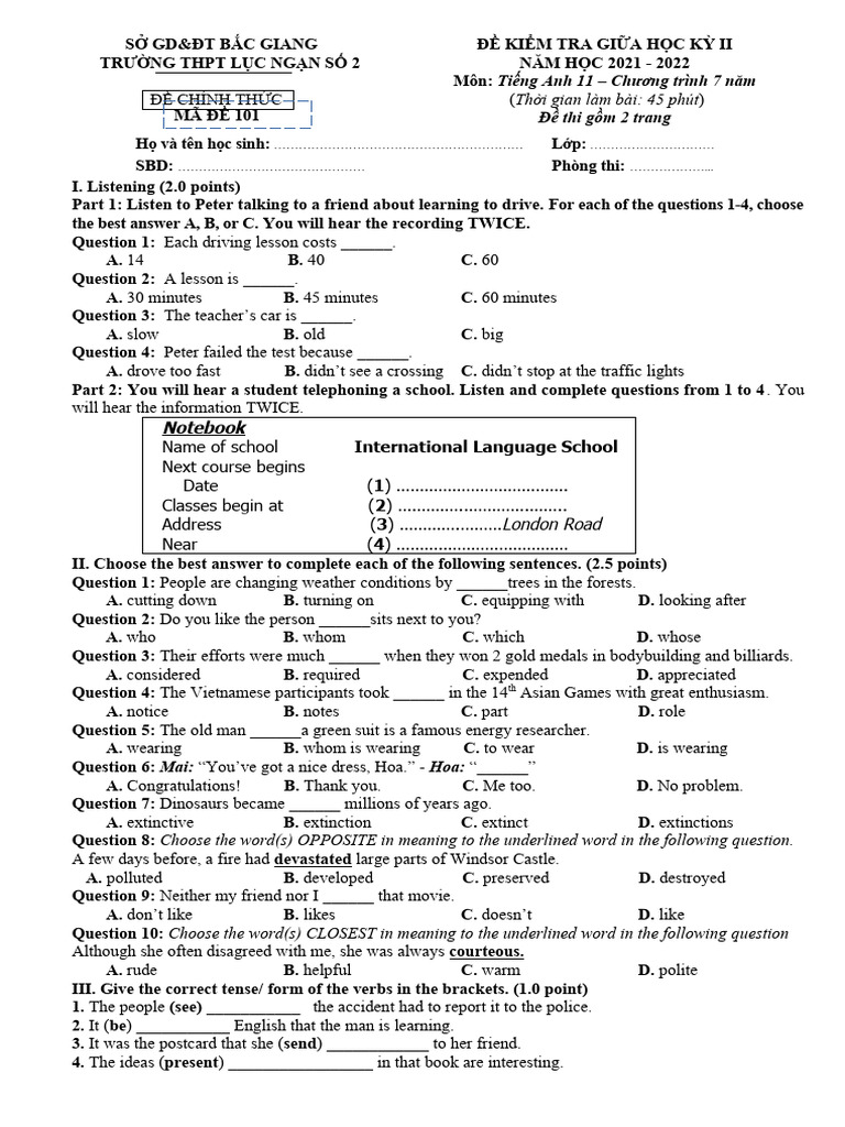 ĐỀ KIỂM TRA GIỮA KÌ 2 - K11- MÃ 101 | PDF | Syntax | Linguistics