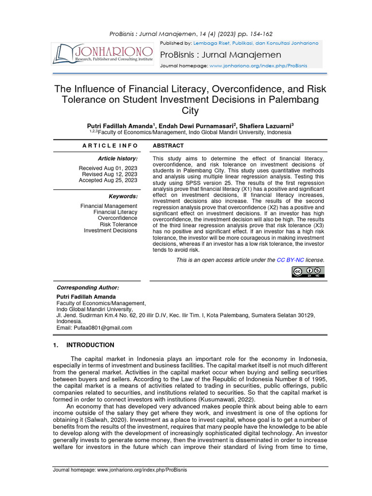 Financial Literacy Overconfidence | PDF | Investing | Multicollinearity