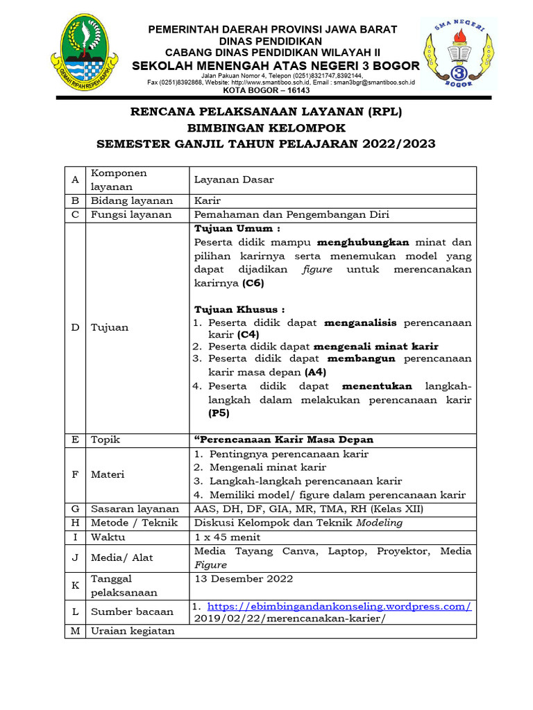 Rencana Pelaksanaan Layanan Bimbingan Kelompok (RPL) Perencanaan Karir ...