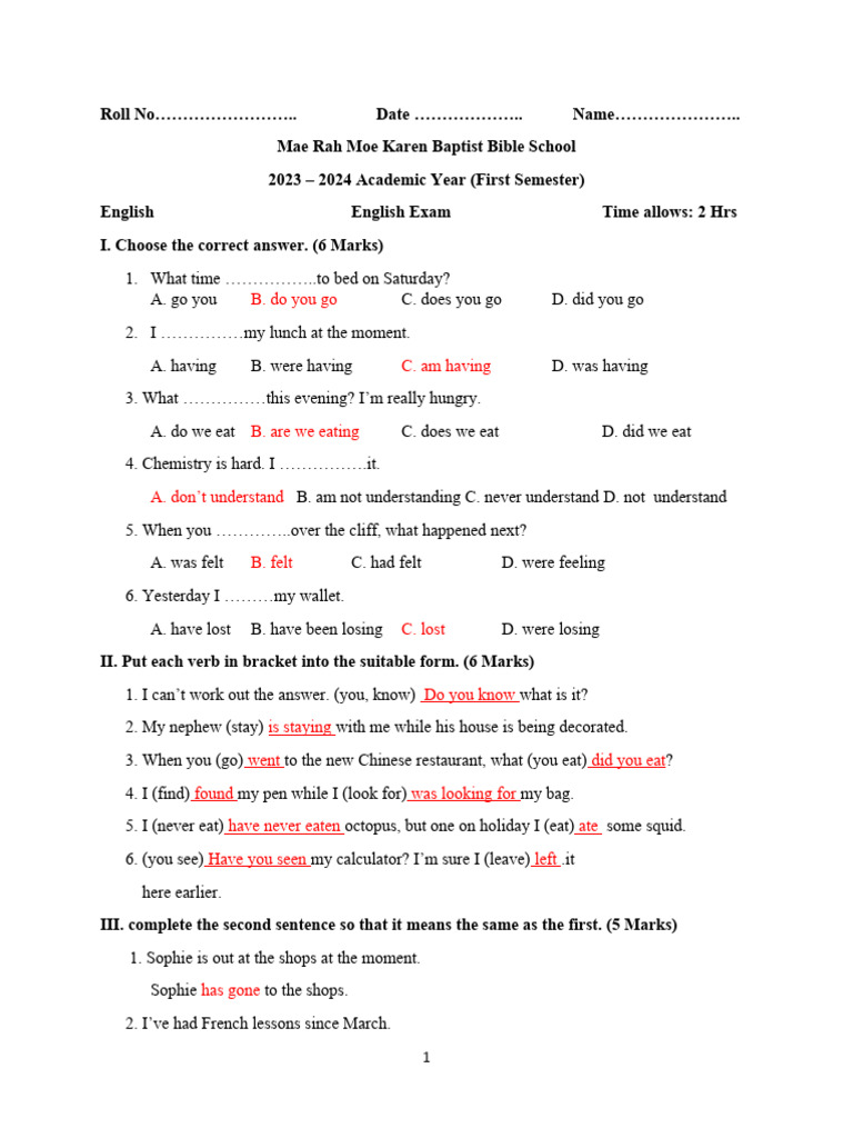 English Exam for Mae Rah Moe School | PDF | Language Arts & Discipline