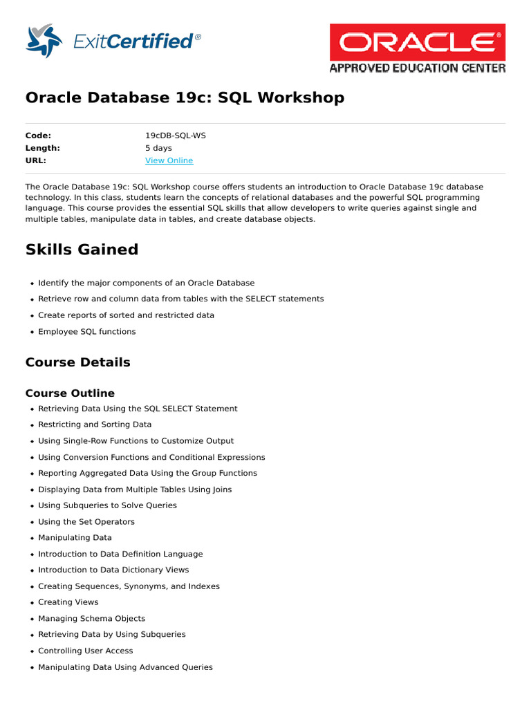Oracle Database 19c SQL Workshop | PDF
