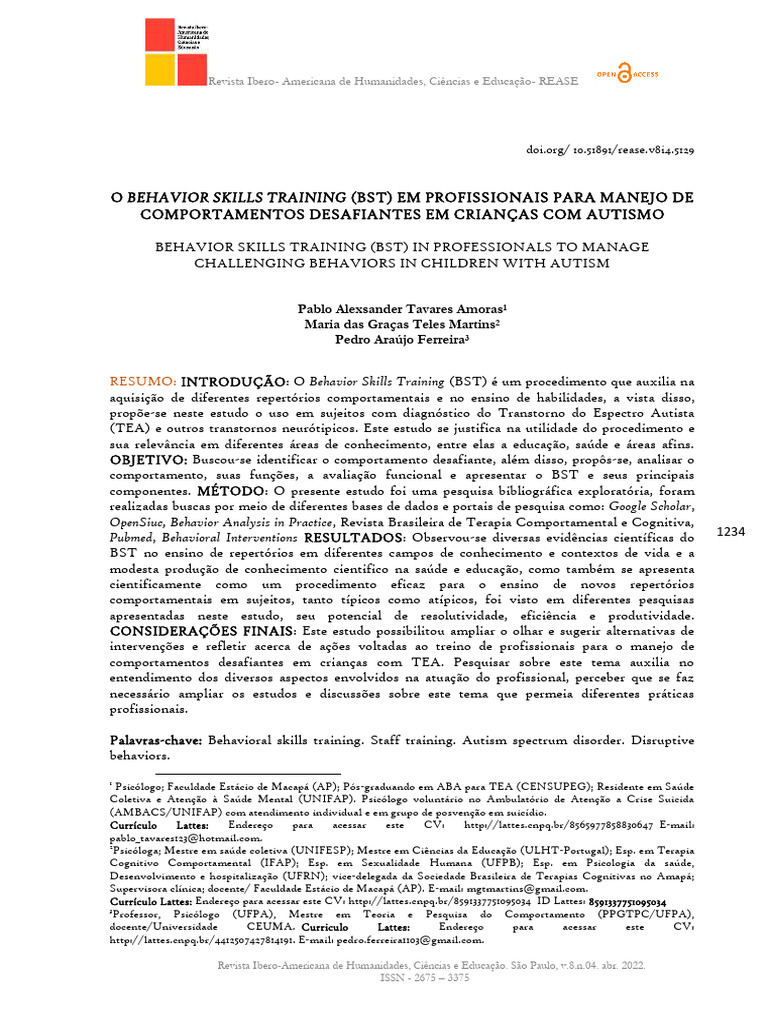 O Behavior Skills Training (BST) em Profissionais para Manejo de ...