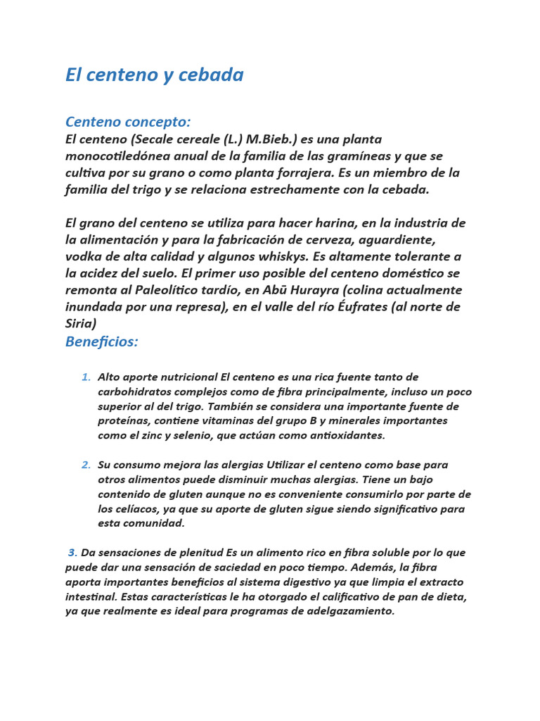 Centeno y cebada: beneficios y desventajas | PDF | Centeno | Cereales