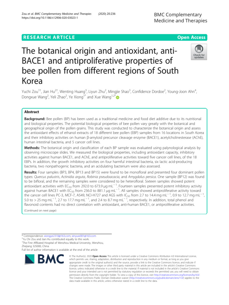The Botanical Origin and Antioxidant, anti-BACE1 and Antiproliferative Properties of Bee Pollen ...