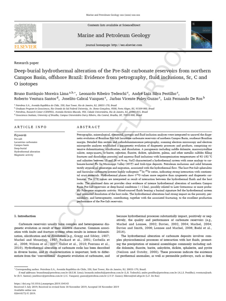 Lima - Etal - 2019 - Deep-Burial Hydrothermal Alteration of The Pre ... Lima - Etal - 2019 - Deep-Burial Hydrothermal Alteration of The Pre ...