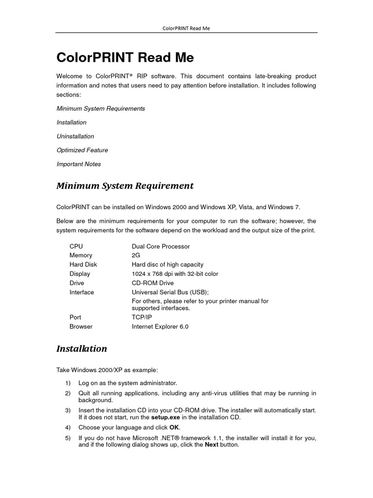 ColorPRINT Read Me | PDF | Installation (Computer Programs) | Microsoft Windows