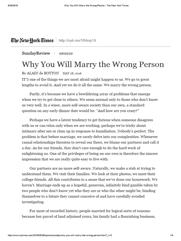 W2 - Botton - Why You Will Marry The Wrong Person - The New York Times | Download Free PDF | Feeling