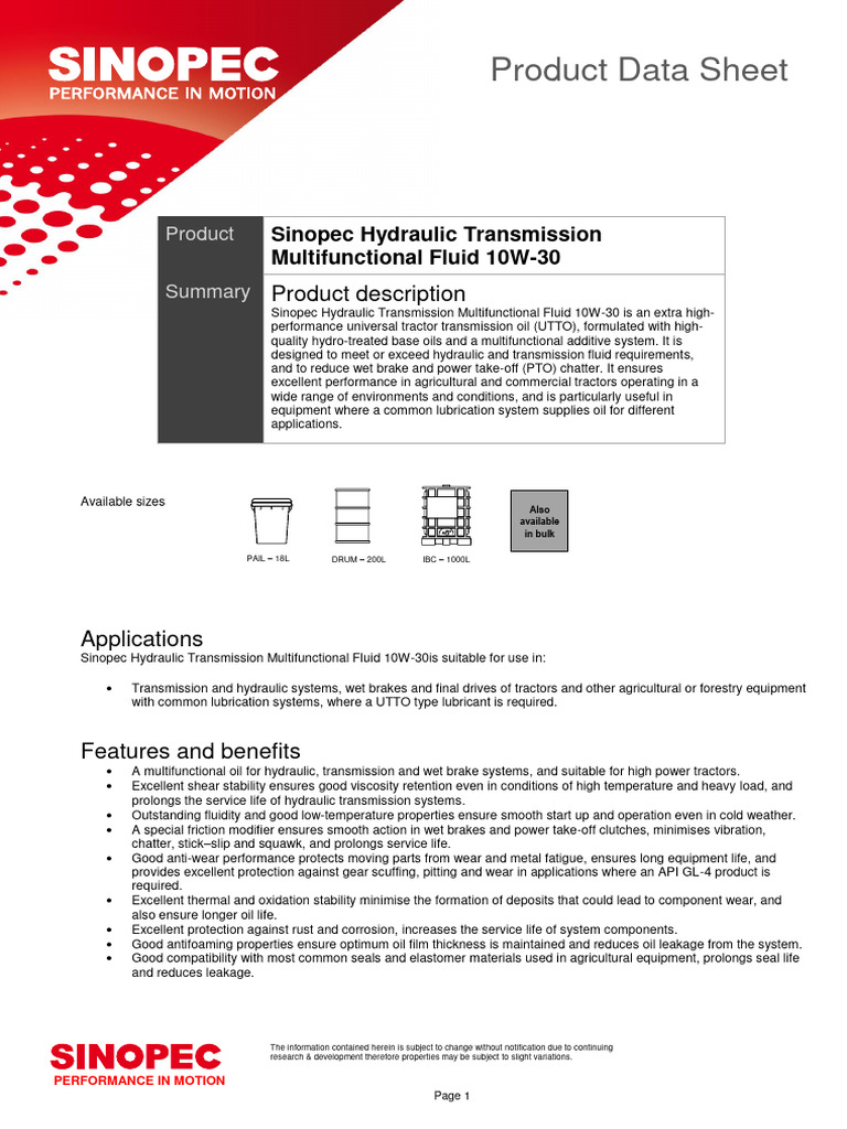 9 Sinopec Hydraulic Transmission Multifunctional Fluid 10W 30 UTTO三用 1 ...