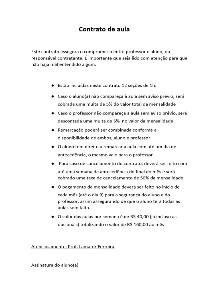 Contrato Aula de Violão - Milly | PDF