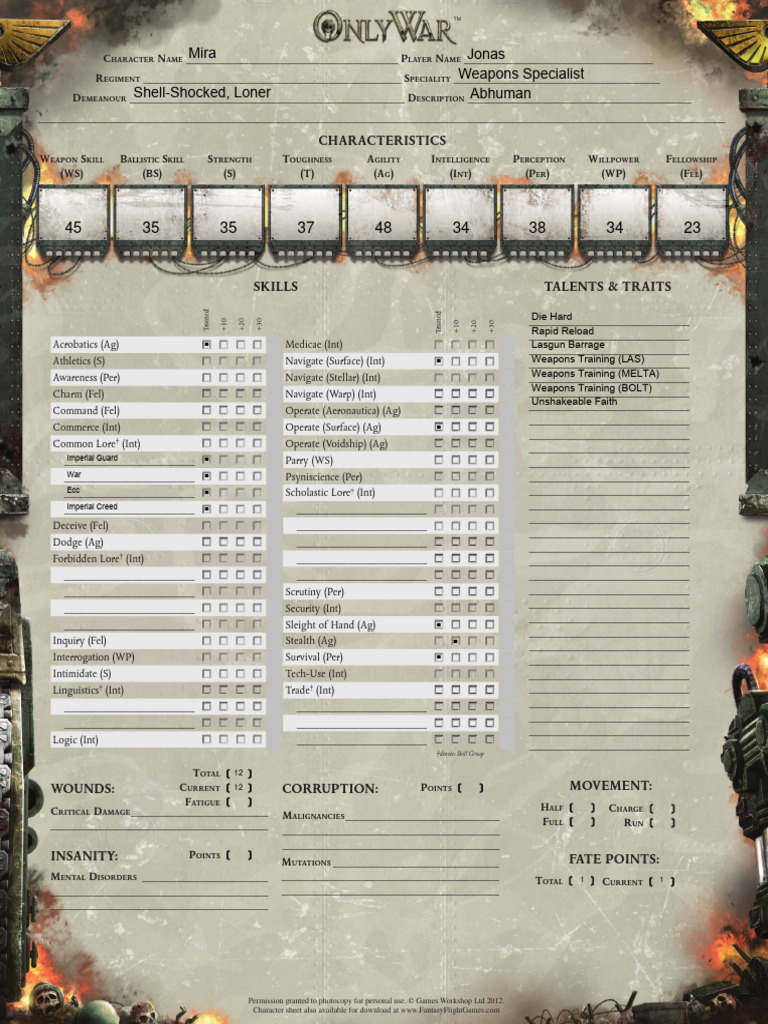 Only War Character Sheet High-Res 0 | PDF | Military Technology | Military