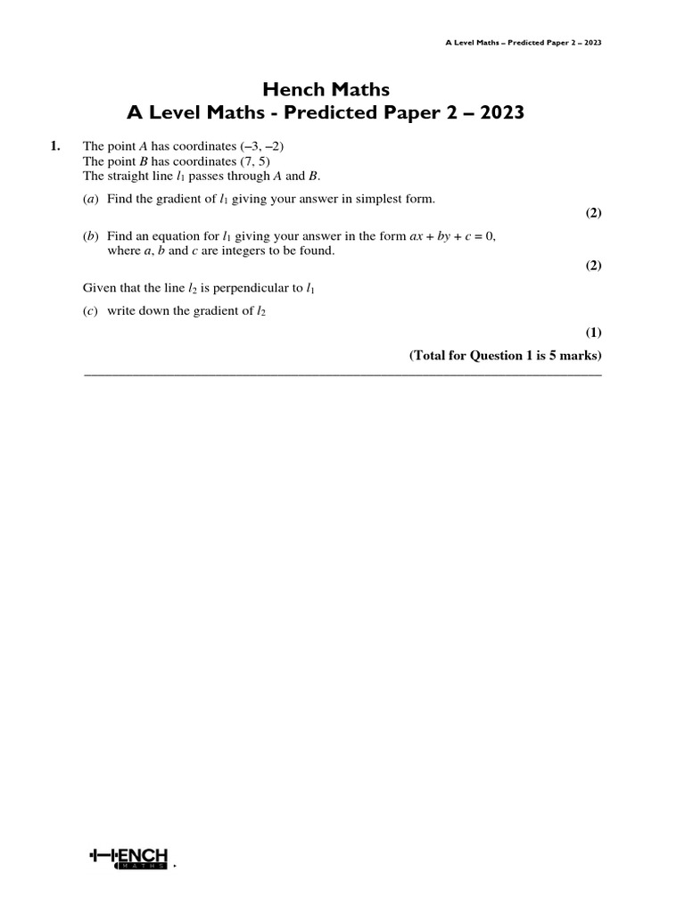 Hench Maths - 2023 Predicted Paper 2 - Edxcel A Level Maths | PDF ...