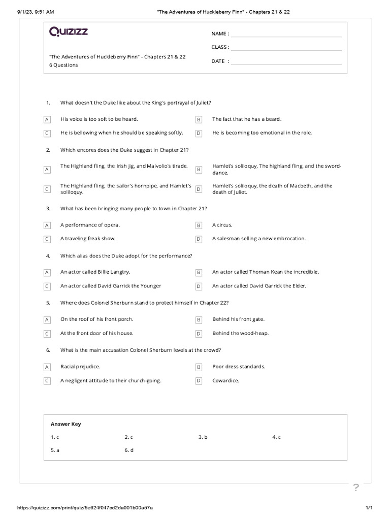 Huck Finn Chapters 21 & 22 Quiz Insights | PDF