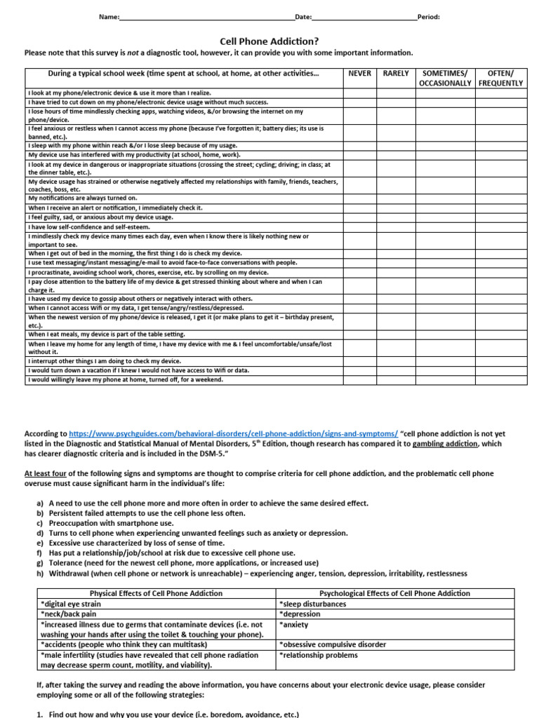 Cell Phone Addiction-Student Survey | PDF | Psychology | Behavioural ...