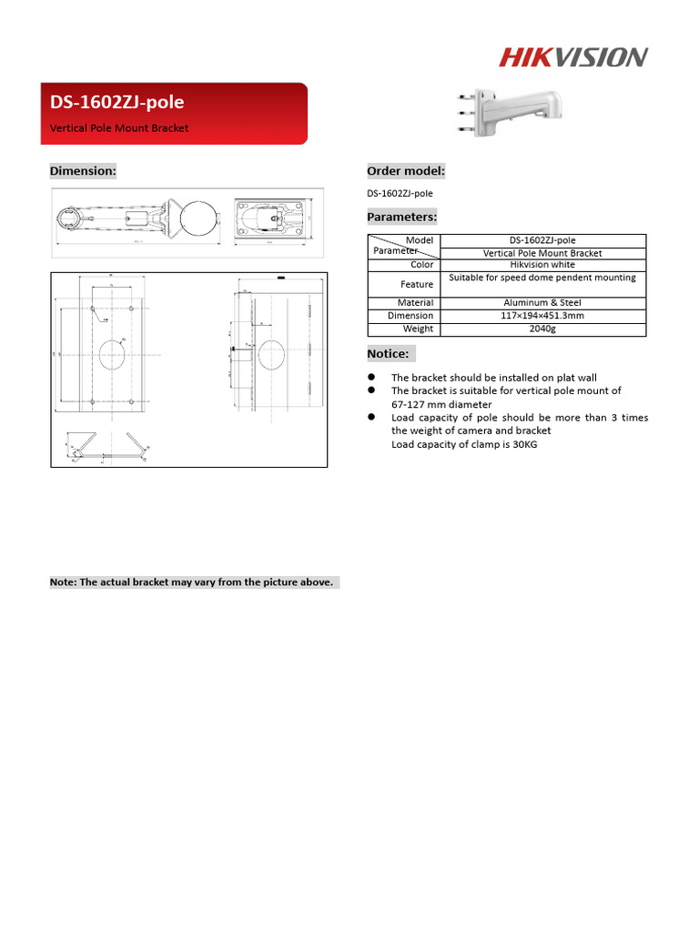 Vertical Pole Mount Bracket DS-1602ZJ | PDF