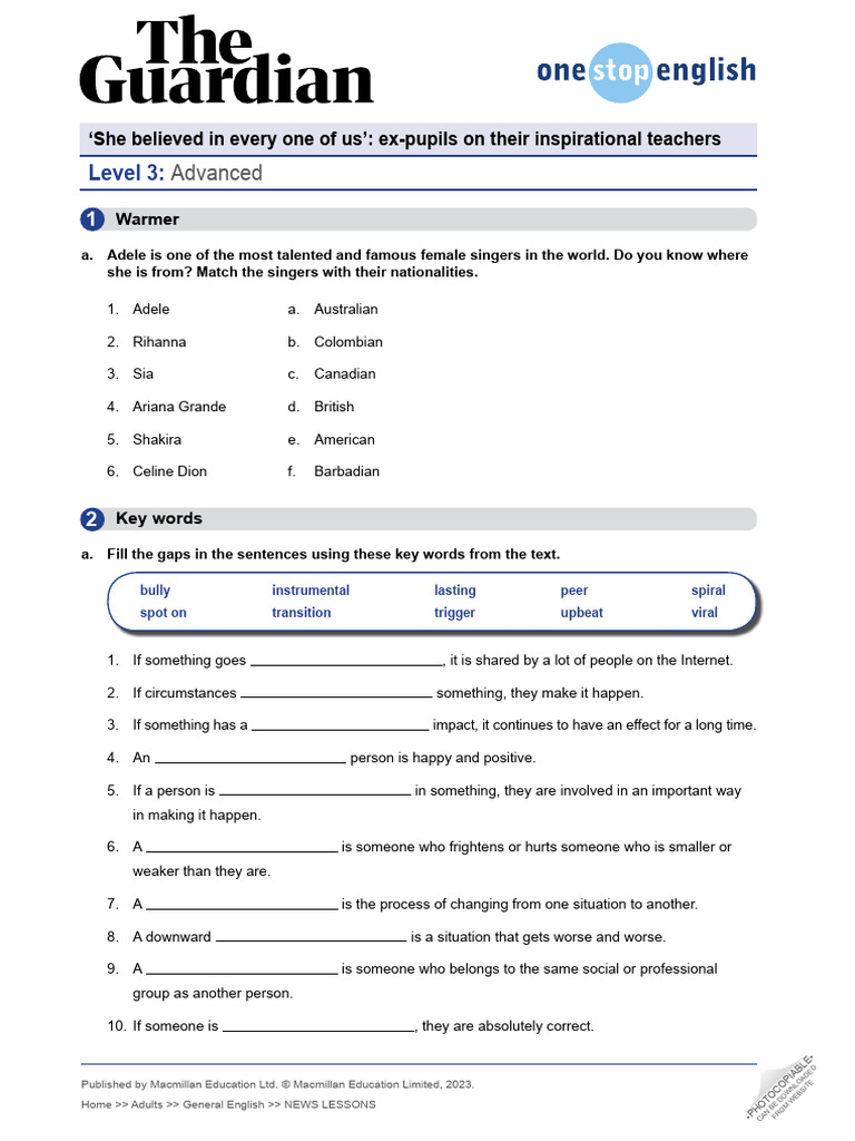 Guardian Article Inspirational Teachers Worksheet | PDF | Teachers