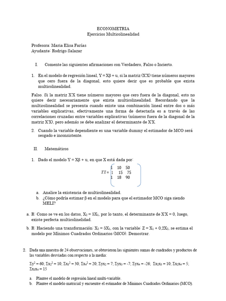 Ejercicios Multicolinealidad | PDF | Mínimos cuadrados ordinarios | Multicolinealidad