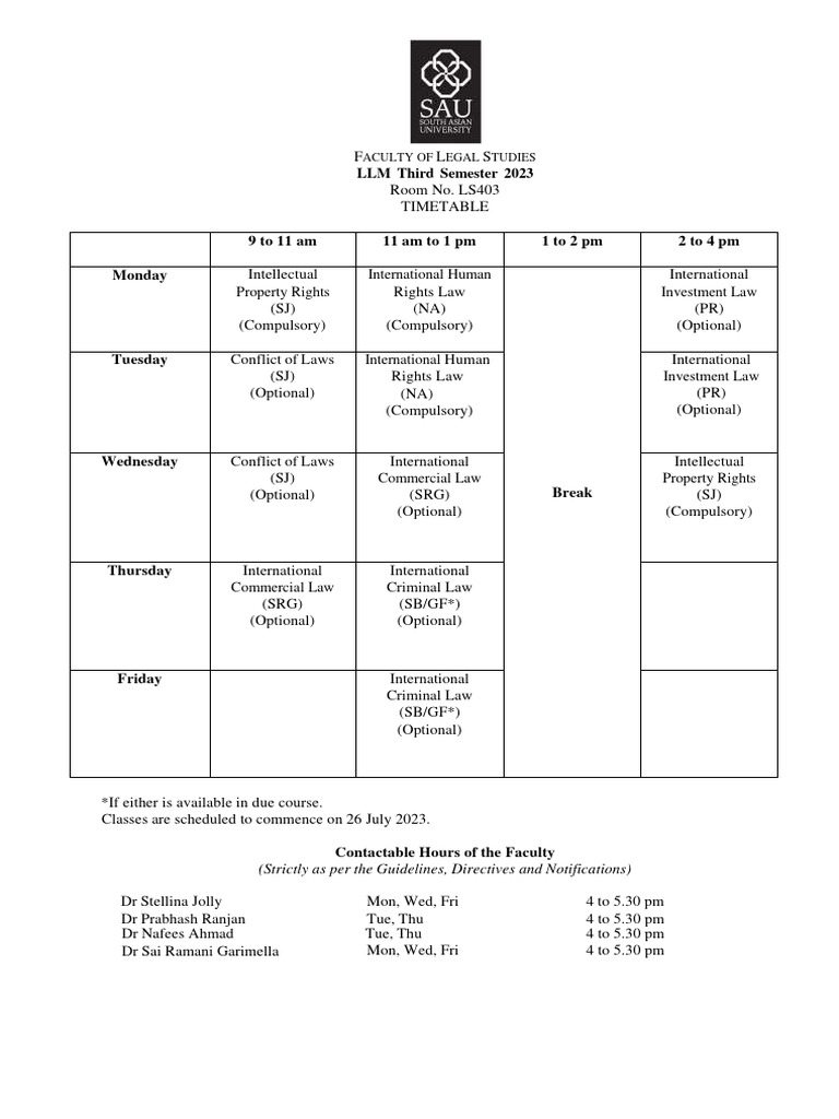 Timetable, LLM Third Sem 2023 | PDF | Justice | Crime & Violence