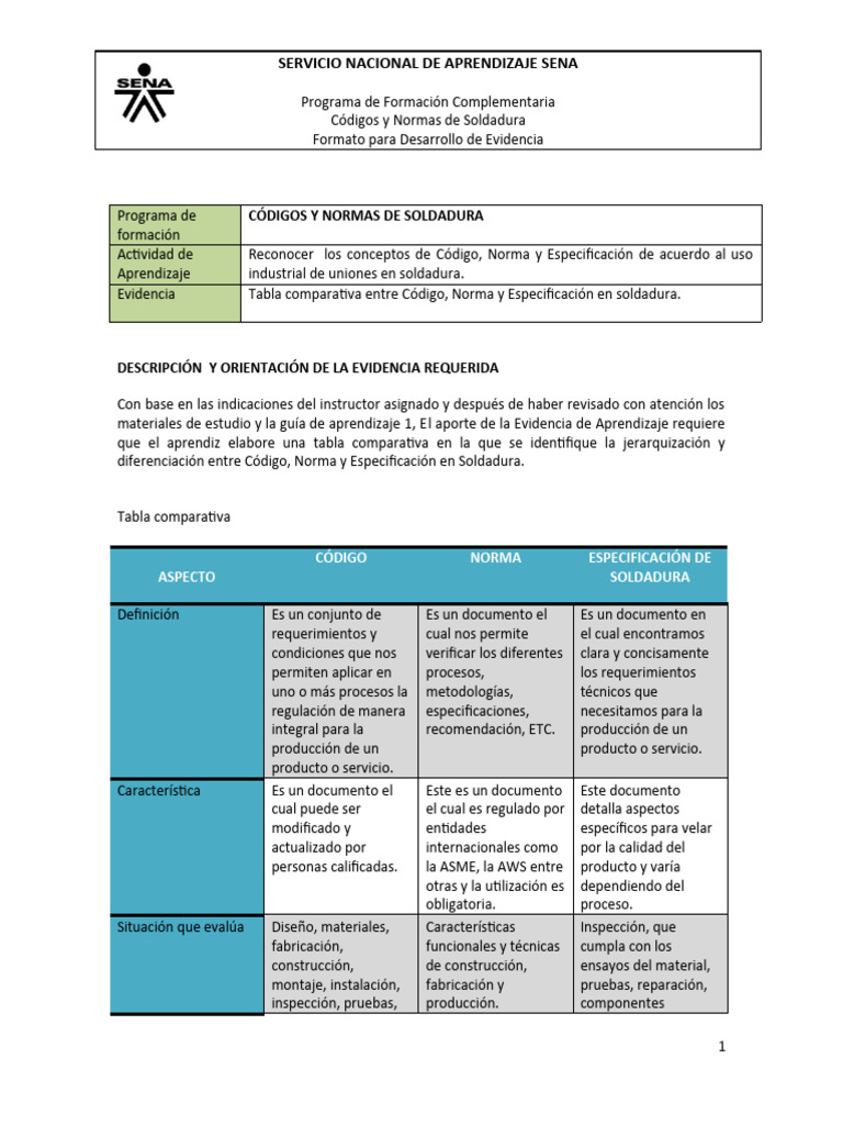 Evidencia 3 - Tabla Comparativa Entre Código, Norma y Especificaciones ...