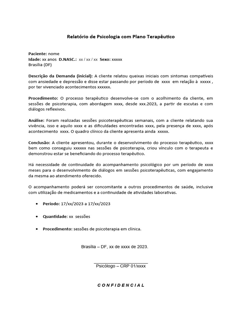 Relatório de Psicologia Com Plano Terapêutico - Modelo | PDF