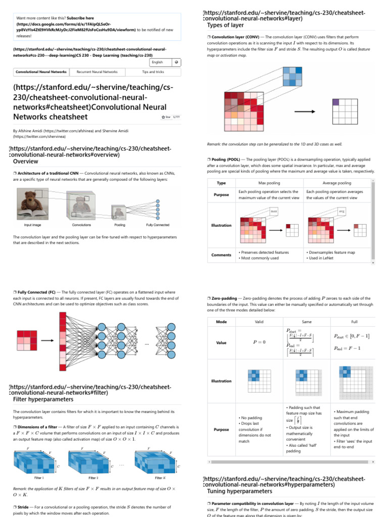 Cs 230 Convolutional Neural Networks Cheatsheet Pdf Computational Neuroscience Algorithms