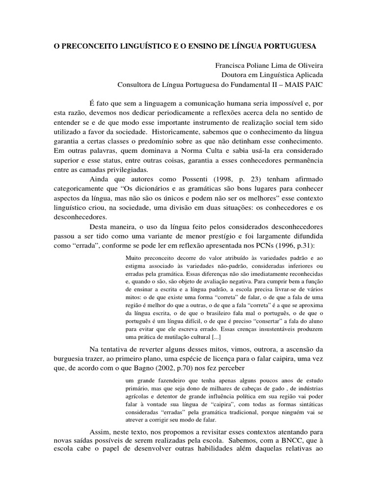 O Preconceito Linguístico e o Ensino de Língua Portuguesa | PDF ...